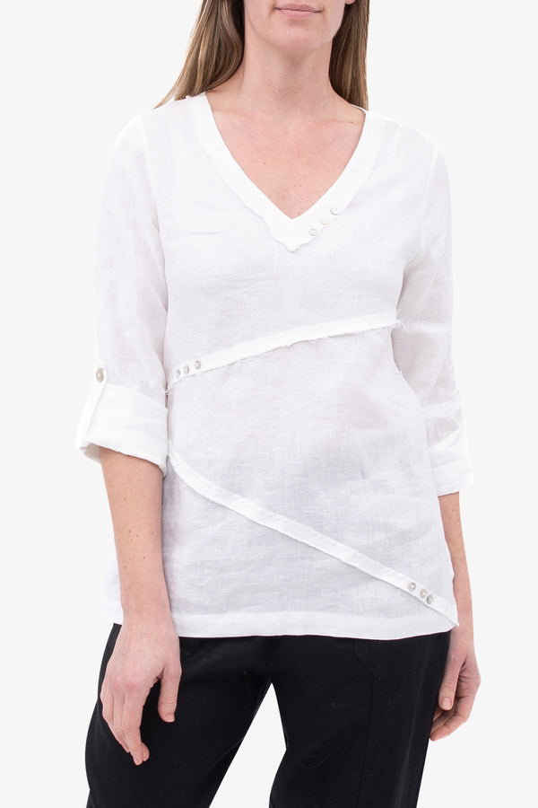Women's 3/4 Sleeve V-Neck Linen Top in White