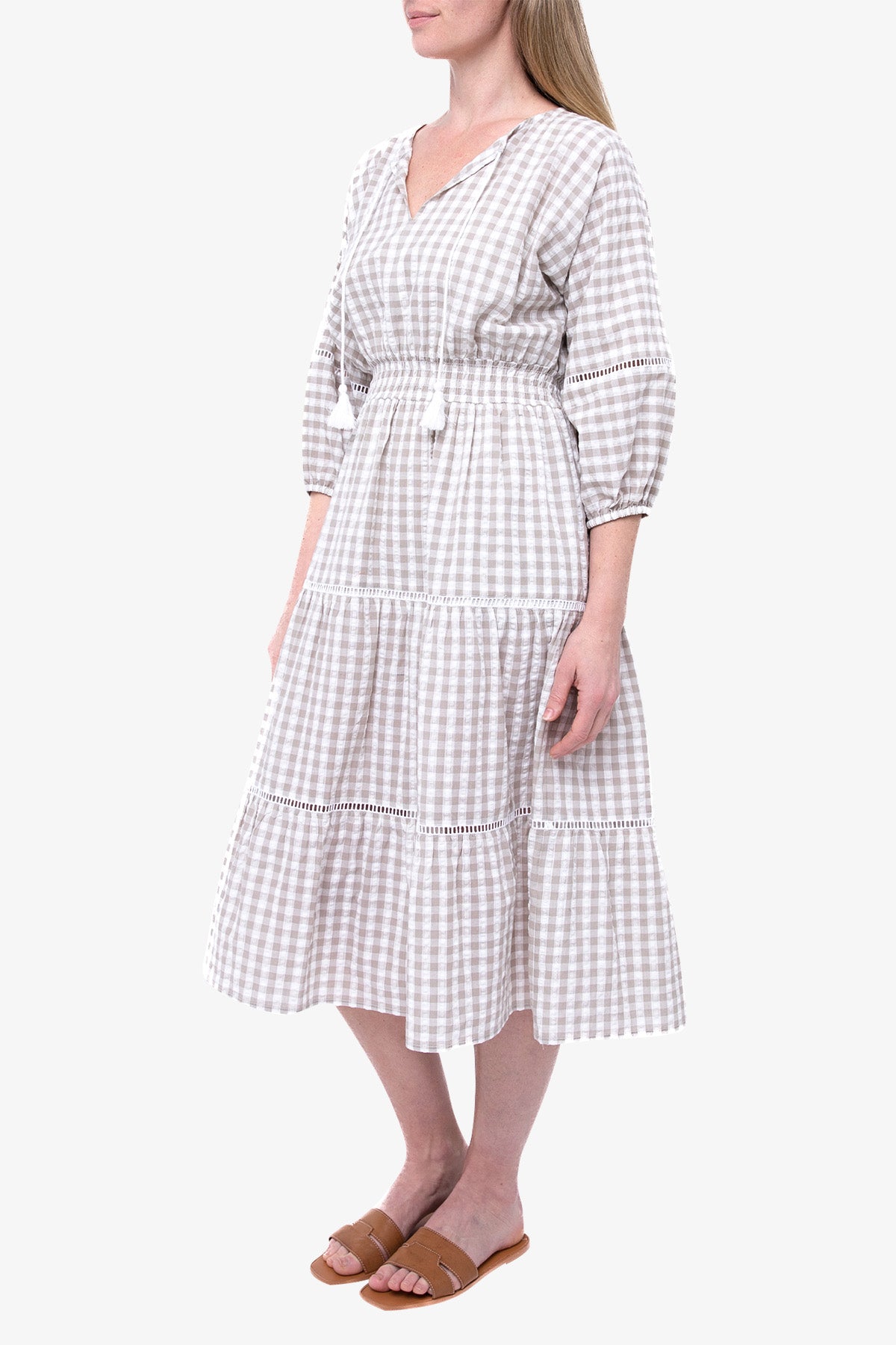 Women's Shirred Waist Gingham Dress in White and Beige