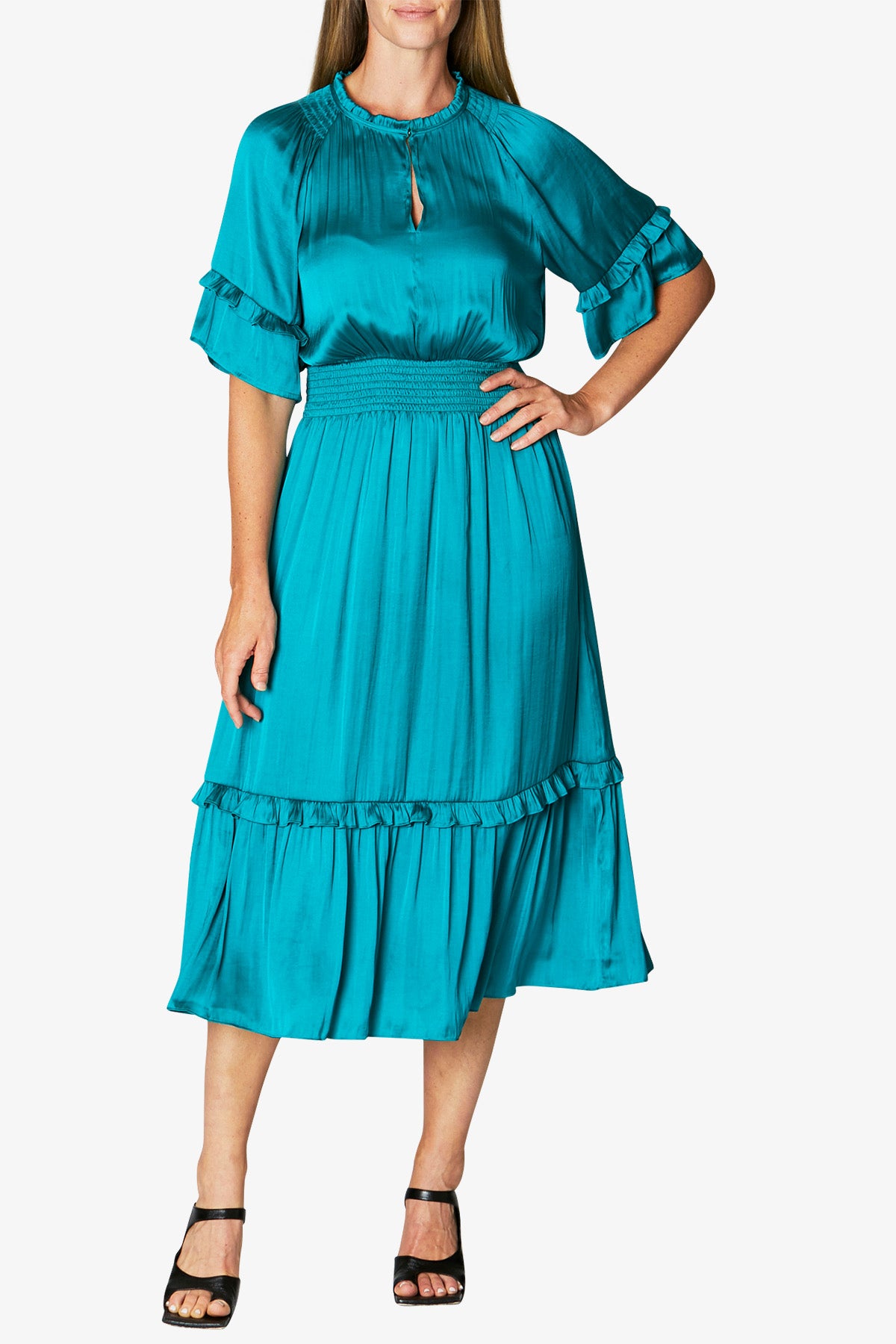 Women's Ruffle Detail Midi Dress in Blue