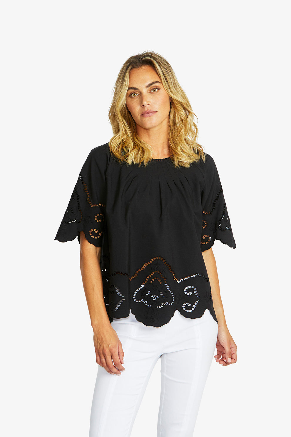 Women's Cut Work Top in Black | Emma