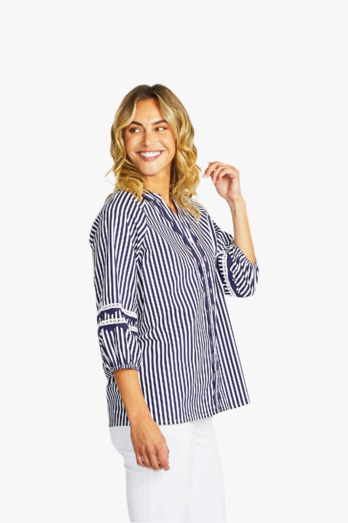 Delia Ric Rac Blouse in White and Navy