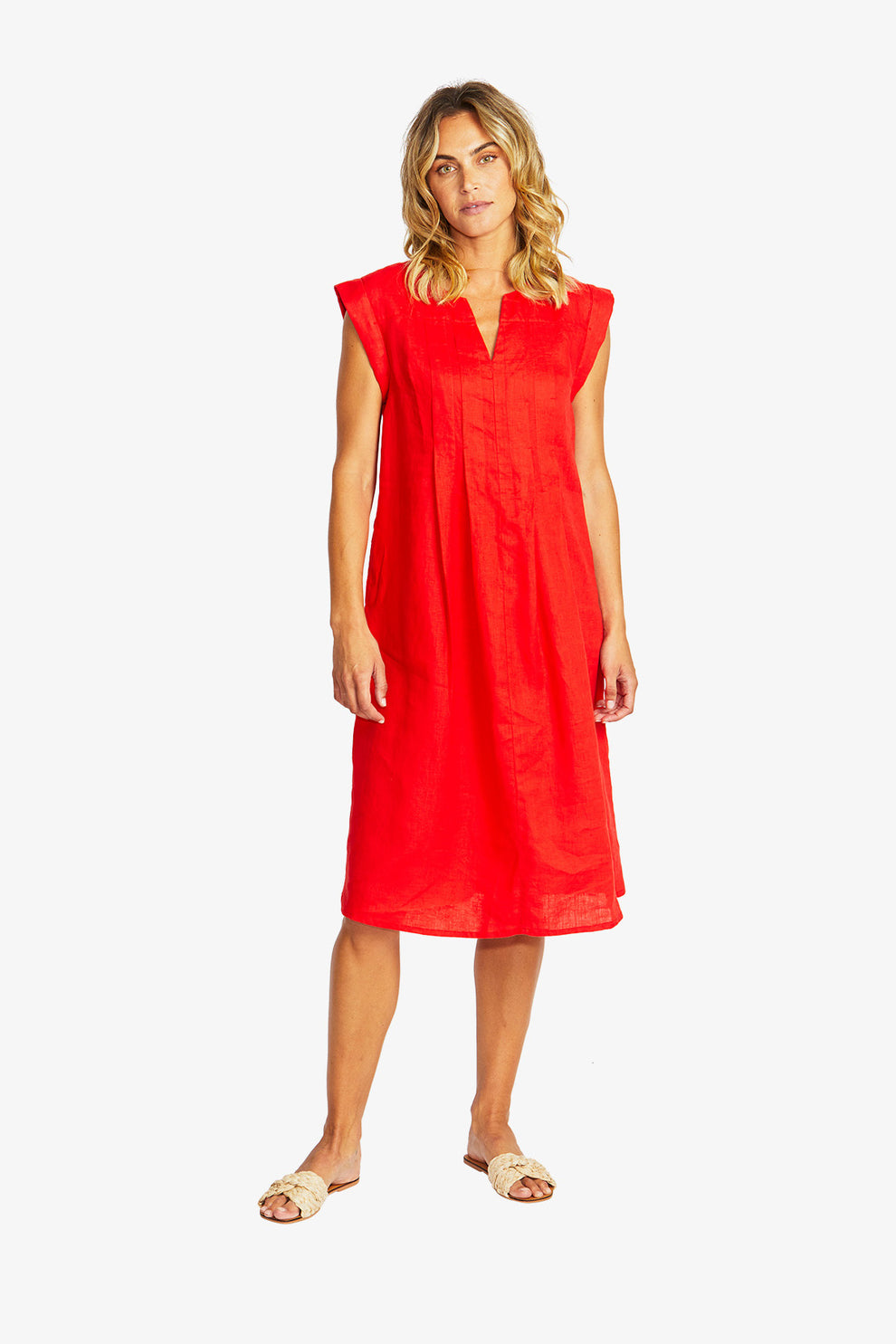 Maria Linen Pintuck Dress in Poppy